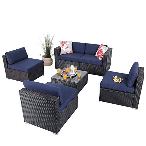 PHI VILLA Outdoor Sectional Furniture 6 Piece Patio Sofa Set Low-Back Rattan Wicker Conversation Set, Navy Blue