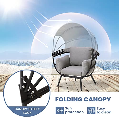 Pellebant Egg Chair with Folding Canopy, Aluminum Lounge Chair with 4 Soft Deep Cushion, Indoor Outdoor Lounger for Patio, Backyard, Living Room, 265lb Capacity Gray