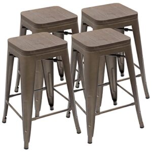 devoko metal bar stool 24” indoor outdoor stackable barstools modern industrial vintage gun counter wood top bar stools set of 4 (gun)