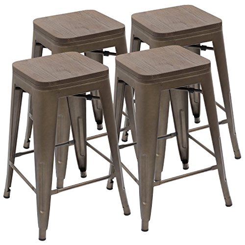 Devoko Metal Bar Stool 24'' Indoor Outdoor Stackable Barstools Modern Industrial Vintage Gun Counter Wood Top Bar Stools Set of 4 (Gun)