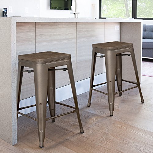 Devoko Metal Bar Stool 24'' Indoor Outdoor Stackable Barstools Modern Industrial Vintage Gun Counter Wood Top Bar Stools Set of 4 (Gun)