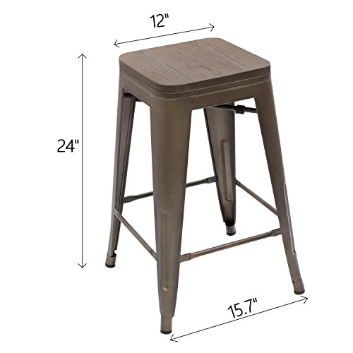 Devoko Metal Bar Stool 24'' Indoor Outdoor Stackable Barstools Modern Industrial Vintage Gun Counter Wood Top Bar Stools Set of 4 (Gun)