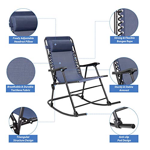 Devoko Patio Rocking Zero Gravity Chair Outdoor Wide Recliner Chair for Lawn Beach Camping Poolside with Headrest Pillow (Light Blue)