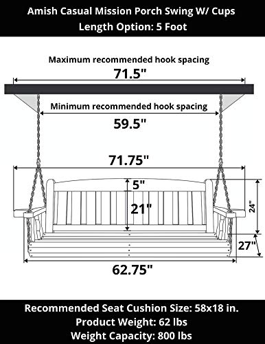 Amish Casual Heavy Duty 800 Lb Mission 5ft. Treated Porch Swing with Cupholders - Cedar Stain