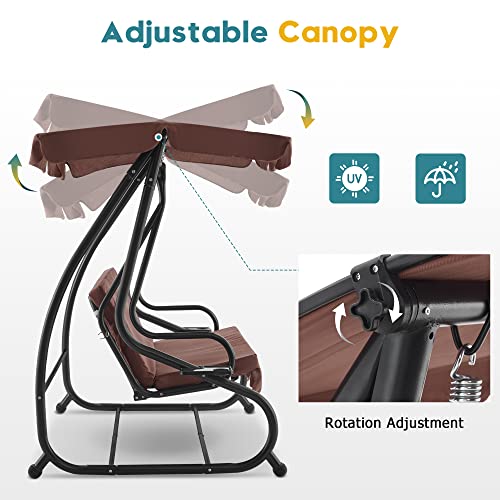 Mcombo 3 Seat Patio Swing Chair, Outdoor Swing with Adjustable Canopy, Weather Resistant Steel Frame, Porch Swing Sets for Backyard, Poolside, Balcony, 4090 (Brown)