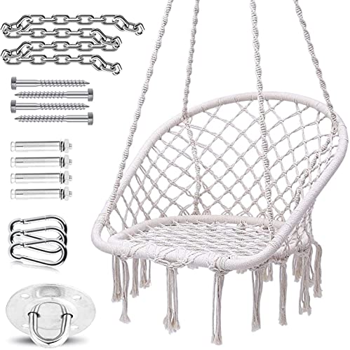 Hammock Chair, Ohuhu Max 330 LB Hanging Chairs with Durable Hanging Hardware Kit, Indoor & Outdoor Use Hammock Chair Macrame Swing, Cotton Rope Handmade Knitted Mesh for Bedroom, Patio, Yard, Garden