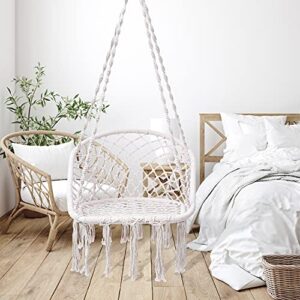 Hammock Chair, Ohuhu Max 330 LB Hanging Chairs with Durable Hanging Hardware Kit, Indoor & Outdoor Use Hammock Chair Macrame Swing, Cotton Rope Handmade Knitted Mesh for Bedroom, Patio, Yard, Garden