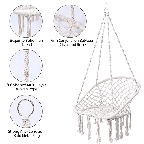 Hammock Chair, Ohuhu Max 330 LB Hanging Chairs with Durable Hanging Hardware Kit, Indoor & Outdoor Use Hammock Chair Macrame Swing, Cotton Rope Handmade Knitted Mesh for Bedroom, Patio, Yard, Garden