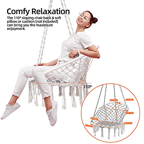 Hammock Chair, Ohuhu Max 330 LB Hanging Chairs with Durable Hanging Hardware Kit, Indoor & Outdoor Use Hammock Chair Macrame Swing, Cotton Rope Handmade Knitted Mesh for Bedroom, Patio, Yard, Garden