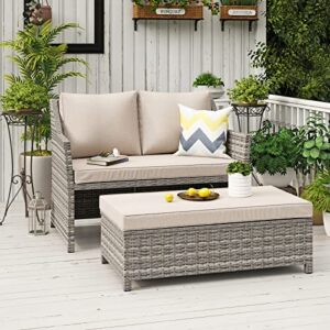 oc orange-casual 2-piece outdoor patio furniture wicker love-seat and coffee table set, with built-in storage bin, grey rattan, beige cushions