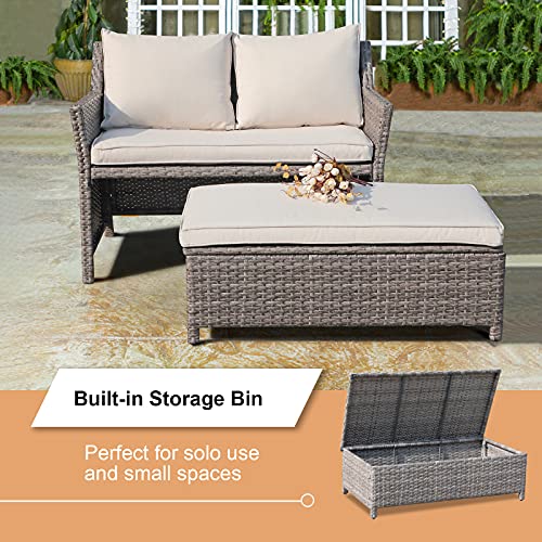 OC Orange-Casual 2-Piece Outdoor Patio Furniture Wicker Love-seat and Coffee Table Set, with Built-in Storage Bin, Grey Rattan, Beige Cushions