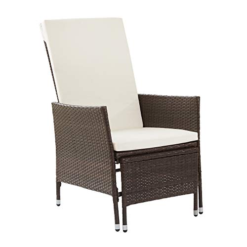 Teamson Home Patio High Back Chair PE Wicker with Pull-Out Ottoman and Cushions, Brown and White