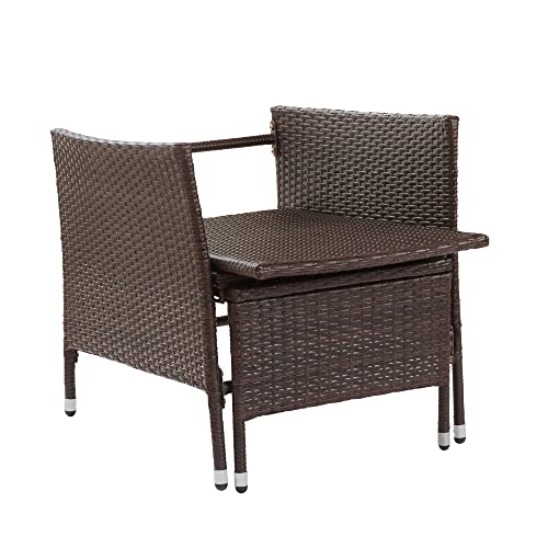 Teamson Home Patio High Back Chair PE Wicker with Pull-Out Ottoman and Cushions, Brown and White