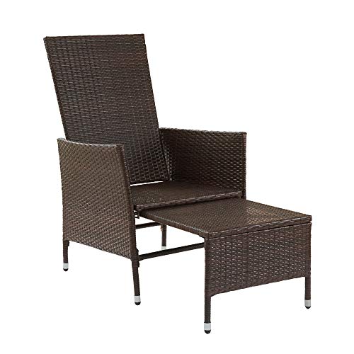 Teamson Home Patio High Back Chair PE Wicker with Pull-Out Ottoman and Cushions, Brown and White