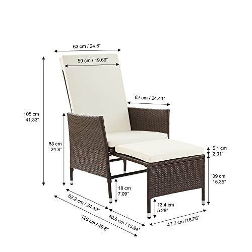 Teamson Home Patio High Back Chair PE Wicker with Pull-Out Ottoman and Cushions, Brown and White