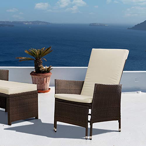 Teamson Home Patio High Back Chair PE Wicker with Pull-Out Ottoman and Cushions, Brown and White