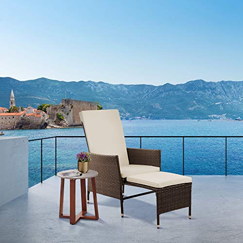 Teamson Home Patio High Back Chair PE Wicker with Pull-Out Ottoman and Cushions, Brown and White