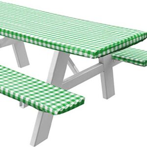 Sorfey Vinyl Picnic Table and Bench Fitted Tablecloth Cover, Checkered Design, Flannel Backed Lining, 28 x 72 Inch, 3-Piece Set, Green