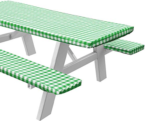 Sorfey Vinyl Picnic Table and Bench Fitted Tablecloth Cover, Checkered Design, Flannel Backed Lining, 28 x 72 Inch, 3-Piece Set, Green