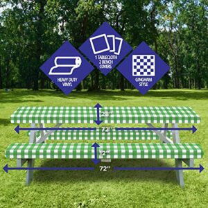 Sorfey Vinyl Picnic Table and Bench Fitted Tablecloth Cover, Checkered Design, Flannel Backed Lining, 28 x 72 Inch, 3-Piece Set, Green