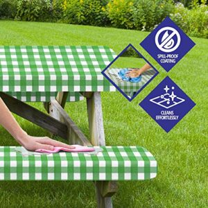 Sorfey Vinyl Picnic Table and Bench Fitted Tablecloth Cover, Checkered Design, Flannel Backed Lining, 28 x 72 Inch, 3-Piece Set, Green