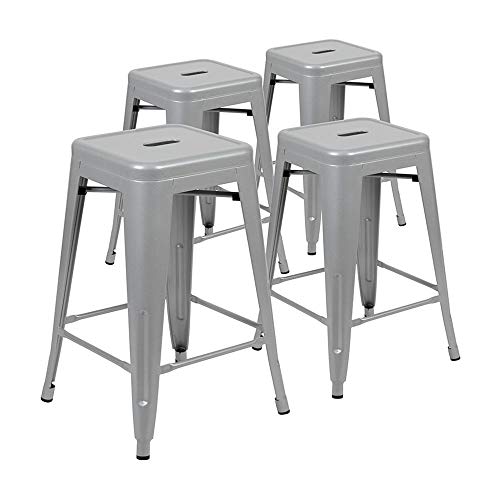 Flash Furniture Lily 24" High Metal Counter-Height, Indoor Bar Stool in Silver - Stackable Set of 4