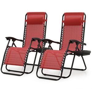 monibloom folding beach lounge chair 2-pack, chaise lounge with pillow & cup holder, portable outside patio recliner for poolside beach vacation, maroon