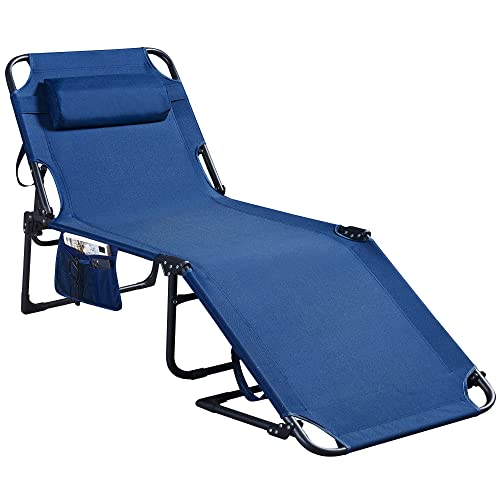 PRAISUN Folding Lounge Chair for Outside, Chaise Lounge for Outdoor, Tanning Chair with 5-Position Backrest, Sun Lounger Chair with Detachable Pillow, Fabric Bag, for Pool, Garden - Navy Blue