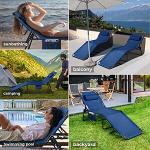 PRAISUN Folding Lounge Chair for Outside, Chaise Lounge for Outdoor, Tanning Chair with 5-Position Backrest, Sun Lounger Chair with Detachable Pillow, Fabric Bag, for Pool, Garden - Navy Blue