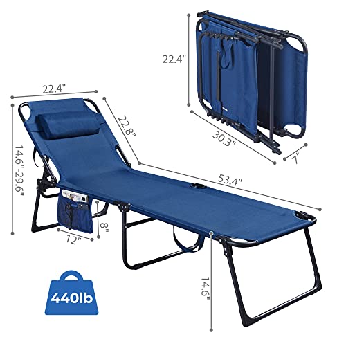 PRAISUN Folding Lounge Chair for Outside, Chaise Lounge for Outdoor, Tanning Chair with 5-Position Backrest, Sun Lounger Chair with Detachable Pillow, Fabric Bag, for Pool, Garden - Navy Blue