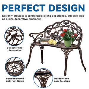 NChanmar Patio Bench, Garden Bench Outdoor Bench Metal Bench for Patio, Park, Lawn, Decor Deck w/Floral Rose Accent, Antique Finish(Bronze)