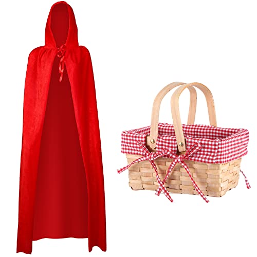 Red Cape, Red Hooded Cape with Small Basket Lined with Gingham Lining, Full Long Velvet Cape with Picnic Basket for Halloween Costume Women