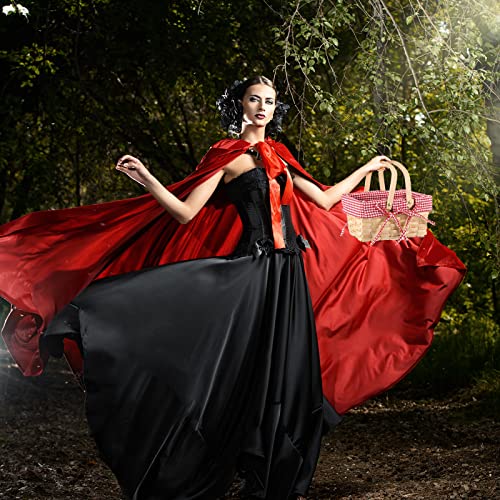 Red Cape, Red Hooded Cape with Small Basket Lined with Gingham Lining, Full Long Velvet Cape with Picnic Basket for Halloween Costume Women