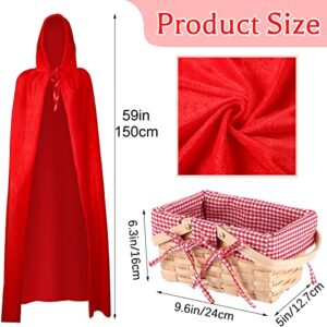 Red Cape, Red Hooded Cape with Small Basket Lined with Gingham Lining, Full Long Velvet Cape with Picnic Basket for Halloween Costume Women