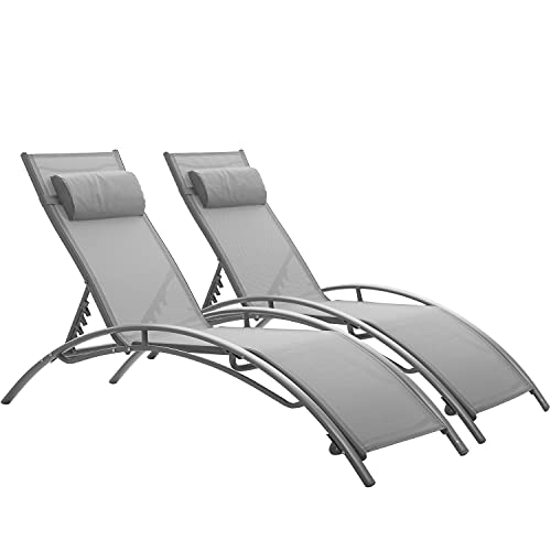 Leisurelife Adjustable Chaise Lounge Chairs Outdoor with Pillow, Set of 2, Grey, Aluminum, Zero Gravity