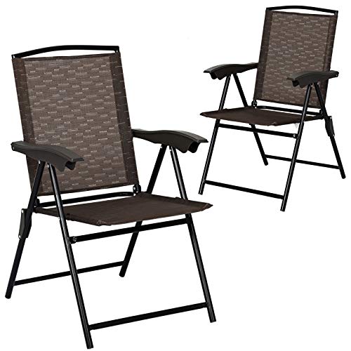 Goplus Folding Sling Chairs Sets of 2, Portable Chairs for Patio Garden Pool Outdoor & Indoor w/Armrests & Adjustable Back