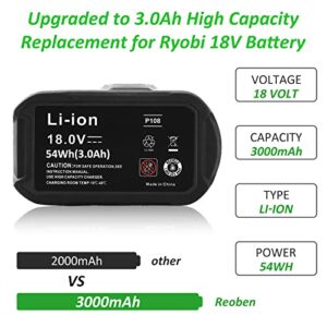 3.0Ah Replacement Battery Compatible with Ryobi 18V Lithium Battery P102 P103 P104 P105 P107 P108 P109 P190 P122 for 18 Volt Cordless Power Tools 2 Packs