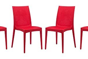 LeisureMod Modern Indoor/Outdoor Home Decorative Furniture Weave Mace Dining Chair (Armless), Set of 4 - Red