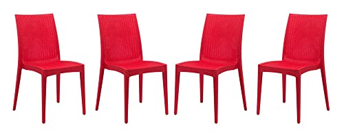 LeisureMod Modern Indoor/Outdoor Home Decorative Furniture Weave Mace Dining Chair (Armless), Set of 4 - Red