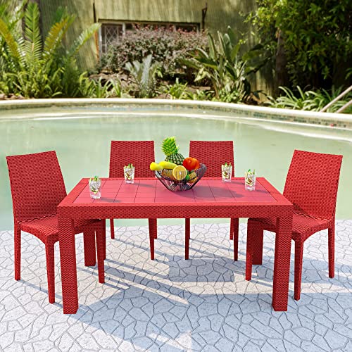 LeisureMod Modern Indoor/Outdoor Home Decorative Furniture Weave Mace Dining Chair (Armless), Set of 4 - Red