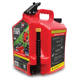 surecan 5 gallon self venting gasoline fuel can container with 180 degree rotating nozzle, thumb trigger flow control, & child safe fill cap, red