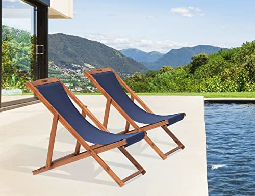 Beach Chair Lounge Chair 2 Set Outdoor Wooden Patio Beach Sling Chair Adjustable Portable Folding Chairs for Outside with Polyester Canvas Lounging Chair for Garden, Backyard, Poolside, Balcony(Blue)