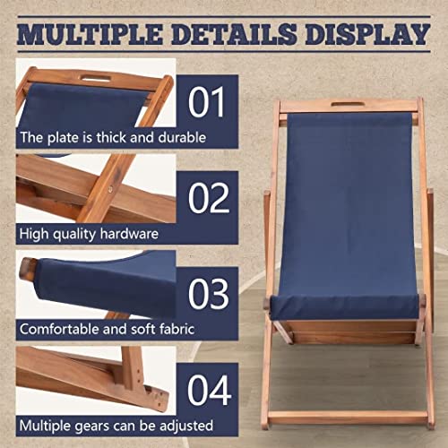 Beach Chair Lounge Chair 2 Set Outdoor Wooden Patio Beach Sling Chair Adjustable Portable Folding Chairs for Outside with Polyester Canvas Lounging Chair for Garden, Backyard, Poolside, Balcony(Blue)