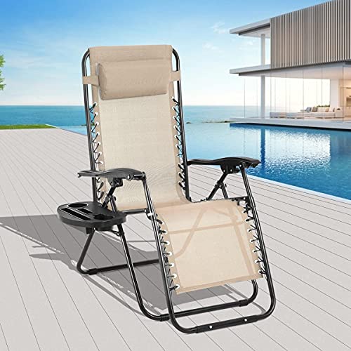 HHS Zero Gravity Chairs Beach Lounge Chairs for Outside Lawn Reclining Patio Camping Chair Adjustable Comfortable Outdoor Folding Chair with Cup Holder and Headrest, Tan, 37 x 26 x 43 inches