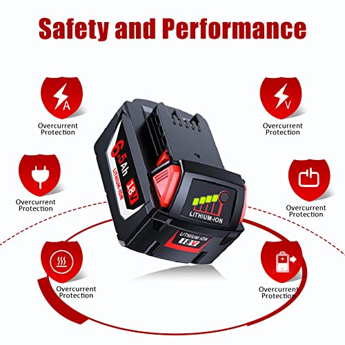 2-Pack 6.5Ah 18V M-18 Battery Replacement for Milwaukee M-18 Battery Compatible with Milwaukee 18V Battery 48-11-1862 48-11-1850 48-11-1840 48-11-1828 48-11-1820 48-11-1815 Cordless Tools Batteries