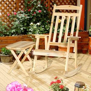 Outsunny 2 Piece Wooden Rocking Chair & Folding Outdoor Table Set, Front Porch Rocker with Armrests and High Back for Outside, Natural