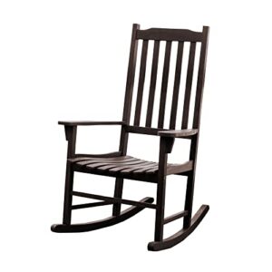 merry products traditional acacia hardwood rocking chair with curved seat and wide armrests for outdoor or indoor use, dark stain