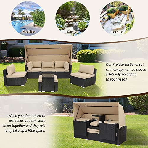 LEISU 7 Pieces Patio Furniture Sets, Outdoor Daybed with Canopy Adjustable Backrest, Sectional Seating with Washable Cushions Rectangle Sunbed for Backyard Garden Poolside (Khaki)