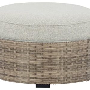 Signature Design by Ashley Outdoor Calworth Patio Wicker Ottoman with Cushion, Beige