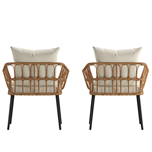 BizChair Evin Set of 2 Boho Indoor/Outdoor Rope Rattan Wicker Patio Chairs with Cream All-Weather Cushions, Natural